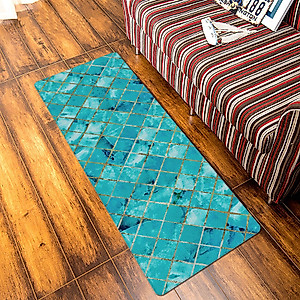 Gold Plaid Antifatigue Kitchen Bath Door Mat Cushioned Runner Rug,Washable Welcome Floor Sink Mat,Abstract Marble Green Blue Waterproof & Non-Slip Comfort Standing Doormat for Kitchen,18"x59"