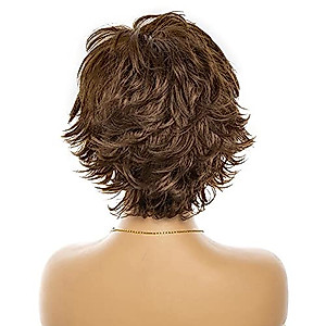 SENHORAS Short Hair Wigs for White Women Dark Brown Mixed Blonde Pixie Cut Wig with Bangs Brown with Highlights Wavy Synthetic Wig Natural Real Hair