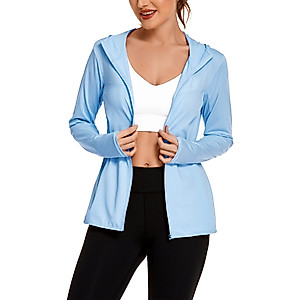 COOrun Women's UPF 50+ Sun Protection Hoodie Jacket Lightweight Full Zip Running Jacket Athletic Jacket with Thumb Holes Deep Sky Blue XL