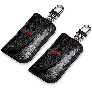 VAWcornic 2 Pack Faraday Bag for Car Key Fob, Genuine Leather Car Key RFID Signal Blocking Pouch Keyless Signal Block Key Case for Car Security, Anti-Theft Remote Entry Smart Fob Protection - Black
