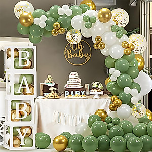 Baby Shower Decorations for Boy Girl - 183pcs Sage Green Balloon Arch Kit and Baby Boxes with Letters for Baby Shower Birthday Jungle Safari Dinosaur Party Supplies