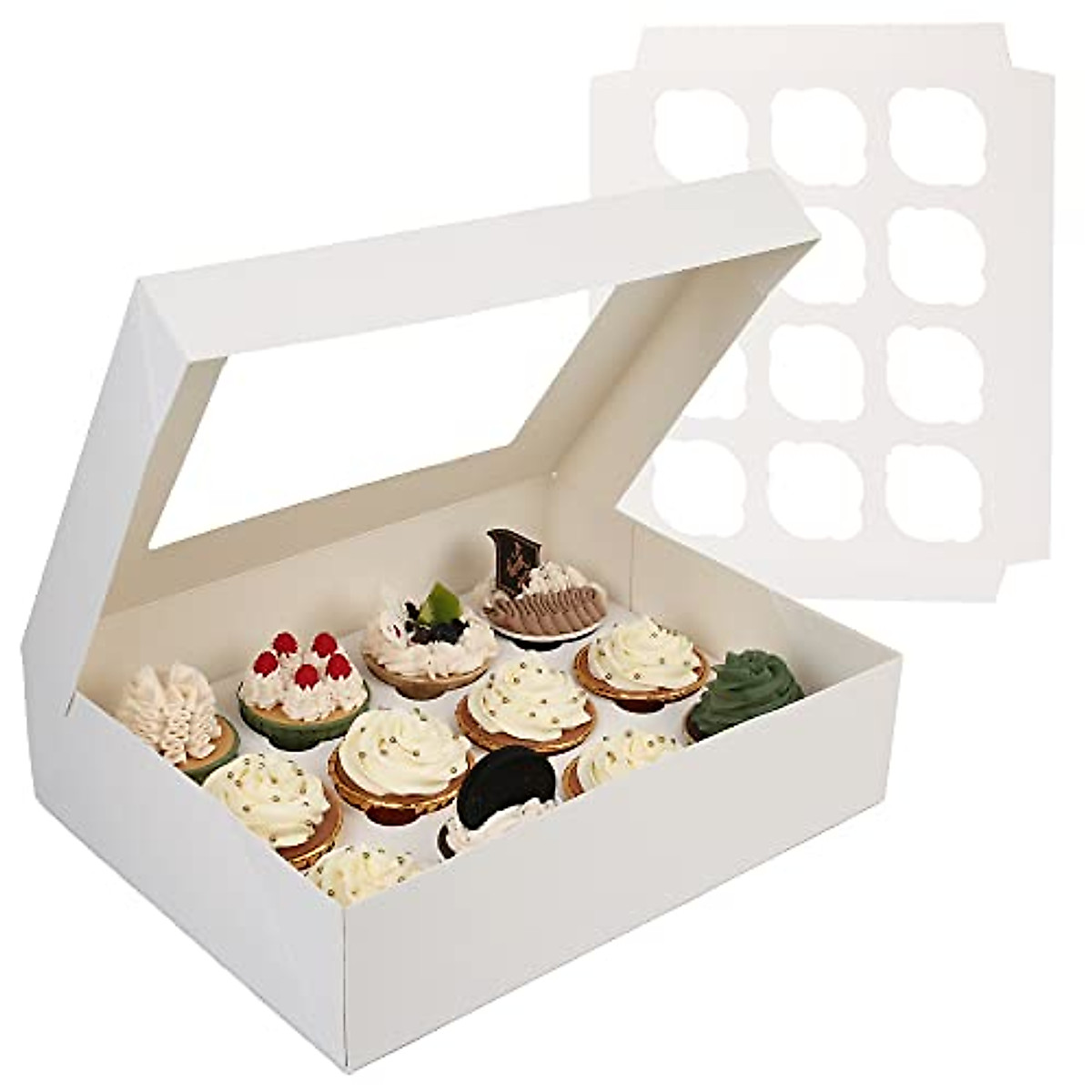 LotFancy Cupcake Boxes 12 Count, 8 Pack, Dozen Cupcake Containers with Window and Inserts, White Bakery Boxes, Disposable Pastry Carrier Holders for Cookies, Treats, Dessert, Muffins