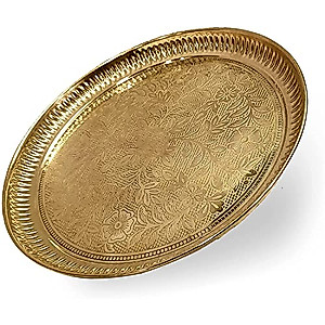 Craftsman 10 Inch Pure Brass Nakshi Flower Design Embossed Aarti Puja Nakashi Thali Platter Prasad Chandan Karwachauth Diwali Indian Festival Hindu Rituals Mandir Temple Pooja Plate