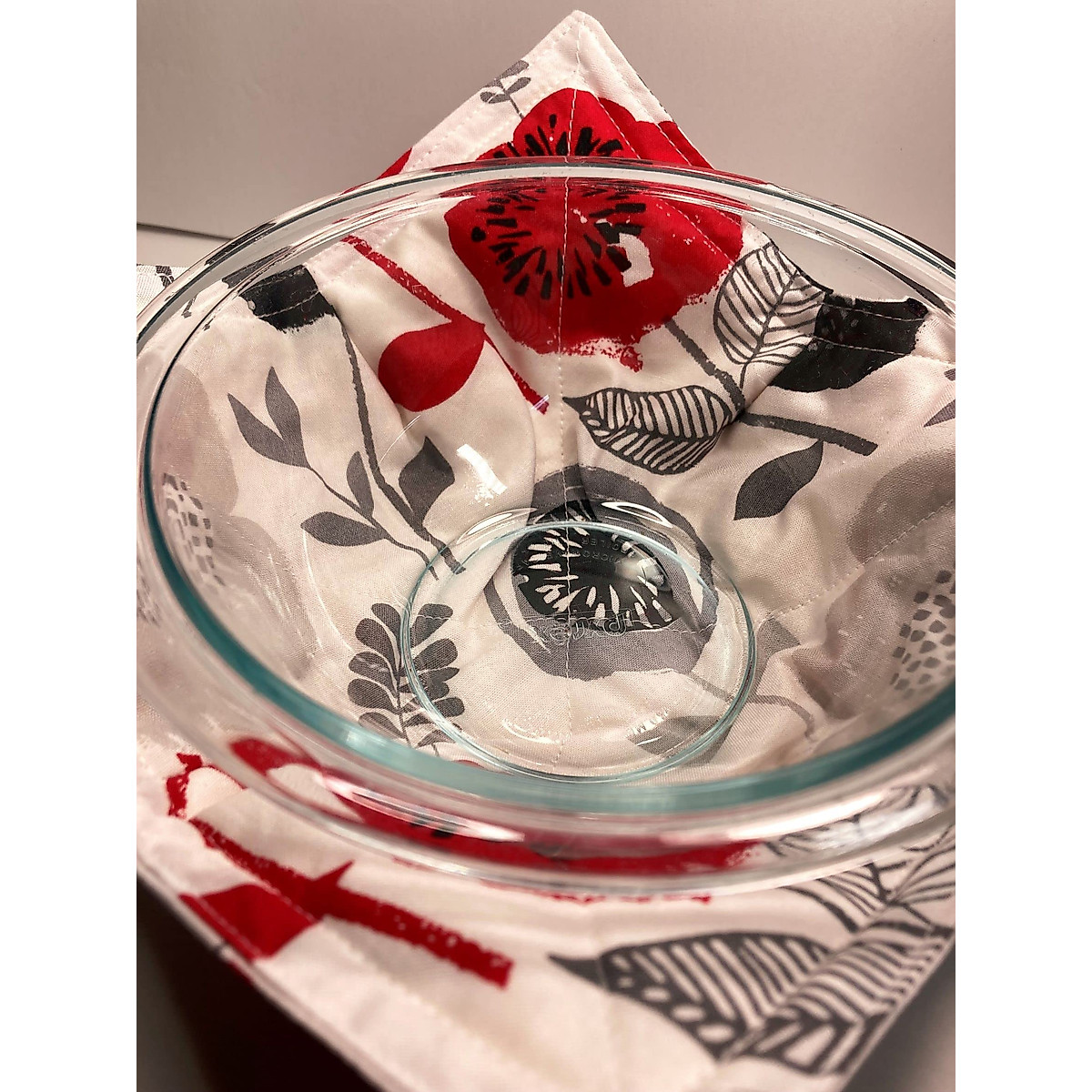 Prettiest Floral Print Microwave Bowl Cozy - 8.5 inches for up to 8 inch bowls - Home Made in Texas, USA (Modern Rosie in White with Red & Black)
