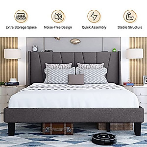 Benevika King Size Platform Bed Frame with Geometric Wingback Headboard, Wooden Slats Support, No Box Spring Needed, Easy Assembly, Gray