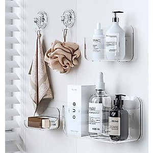 JNDETOP Shower Shelves, 5 Pack Adhesive Clear Acrylic Bathroom Shower Organizer Caddy, Transparent No Drilling Wall Mount Shower Storage with Soap Holder and Hooks