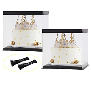 XININSUN 2Pcs Large Cake PET Clear Box, 10" X 10" X 9" with ribbon and pre-folded lid, for 8" cake packing carry, baking cookie display, Carry Tall Layer Gift, Festive Gift Box -Black