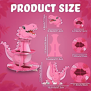 3 Tier Dinosaur Cupcake Stand Party Decorations Dinosaur Theme Cupcake Holder Decorations Dinosaur Dessert Tower for Kids Boys Jungle Dinosaur Theme Party Birthday Supplies (Pink)