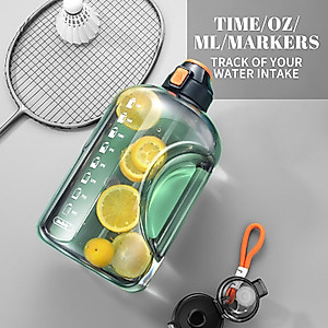 Feeljuly 1 Gallon Water Bottle with Straw, 128 oz Large Bottles Times to Drink, Reusable Leak Proof Jug Handle, 2 Lids BPA Free Big Sports for Fitness Gym Camping Grey