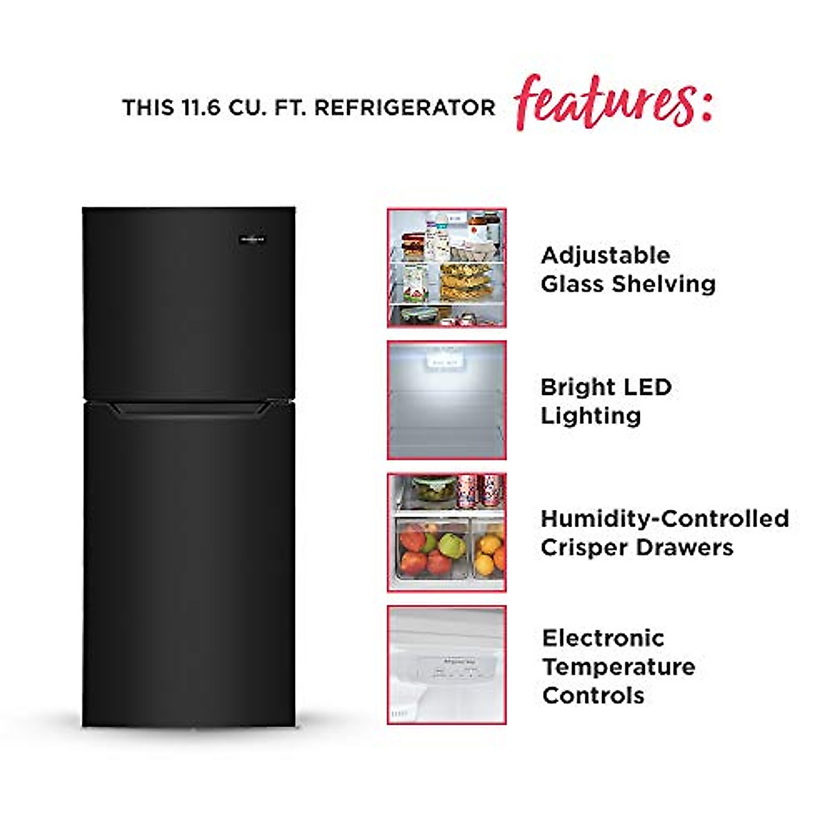 Frigidaire 11.6 Cu. Ft. Compact ADA Top Freezer Refrigerator in Black with Electronic Control Panel, Reversible Door Swing, ENERGY STAR