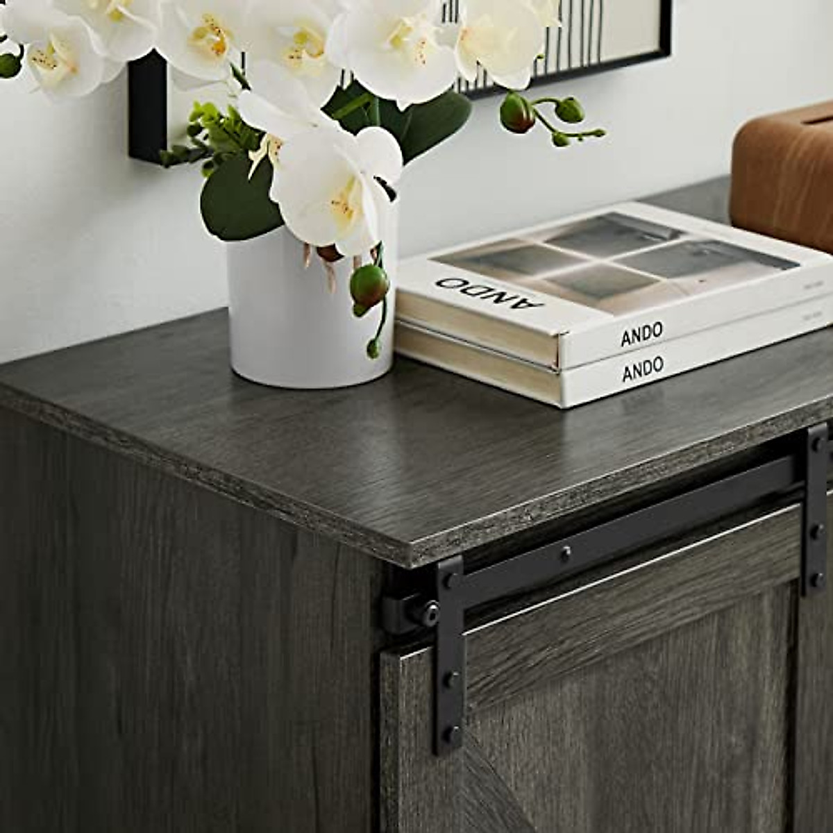 IRCPEN Sideboard Buffet Storage Cabinet, Small Accent Cabinet with Barn Door, 31.5" Cupboard Sliding Barn Door Kitchen Cabinet with Shelves for Bar, Living Room,Dining Room, Hallway (Dark Grey)