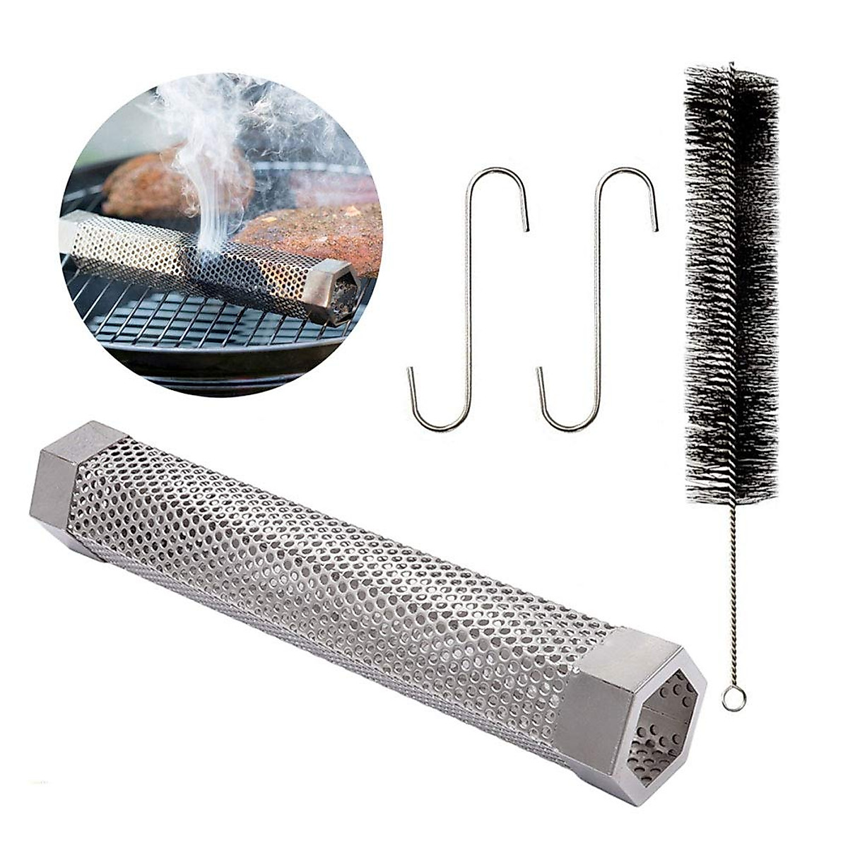 Jerliflyer BBQ Smoker, Pellet Smoker Tube Hexagonal Stainless Steel BBQ Pipe Outdoor Mesh Grill Smoke Generator for All Electric Gas Charcoal Grill Smoker Hot Cold Smoking