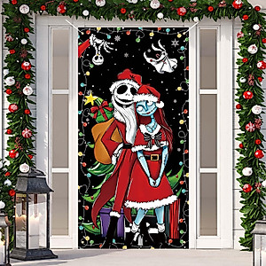 Jack Skeleton and Sally Door Cover Nightmare Before Christmas Front Porch Door Sign Banner Christmas Xmas Winter Holiday Decorations Outdoor Outside for Home