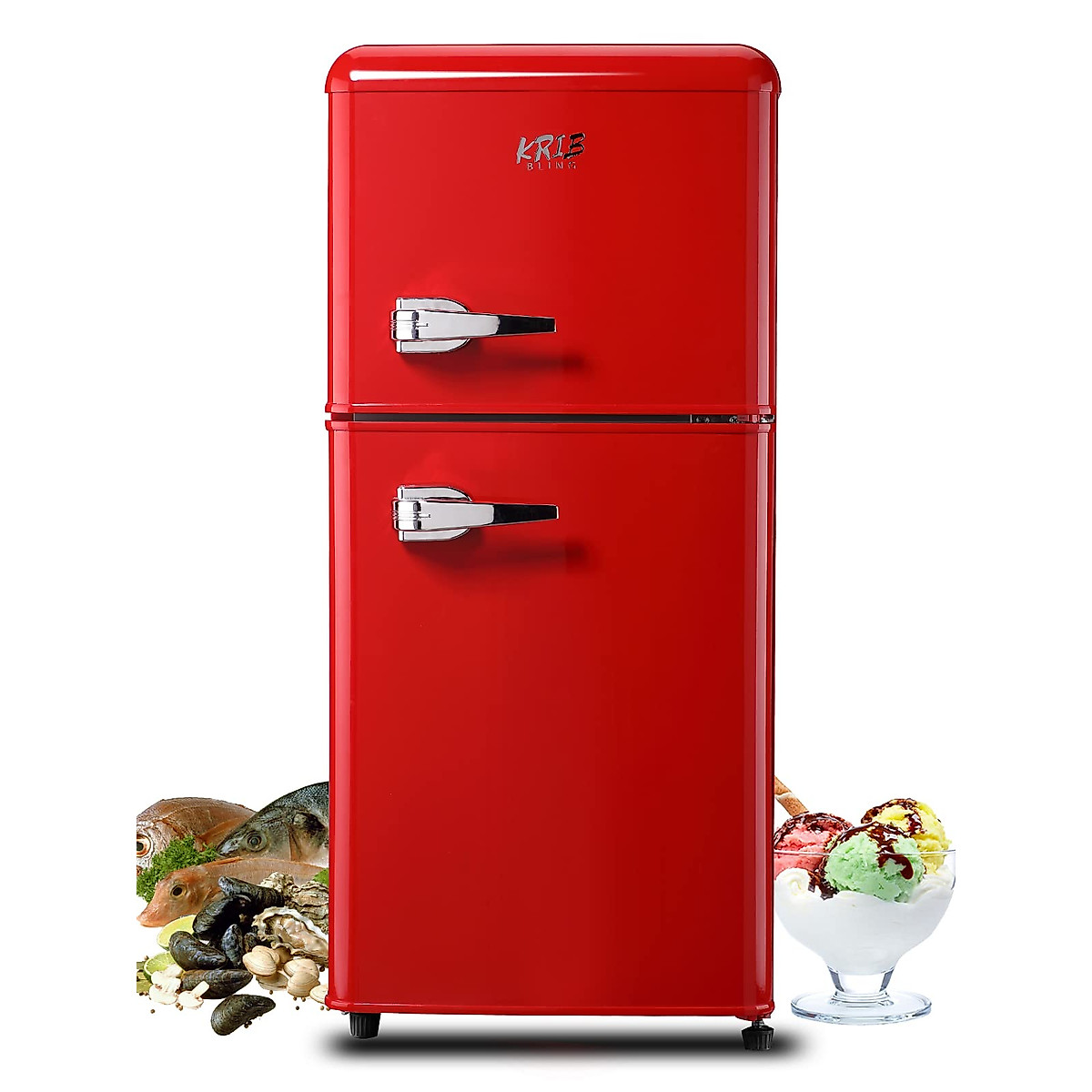 KRIB BLING 3.5 Cu.Ft Refrigerator 2 Door 7 Level Adjustable Thermostat Control Top-Freezer Refrigerator Lock Fresh Energy Saving Red (KB03-FLS-80G-RED)