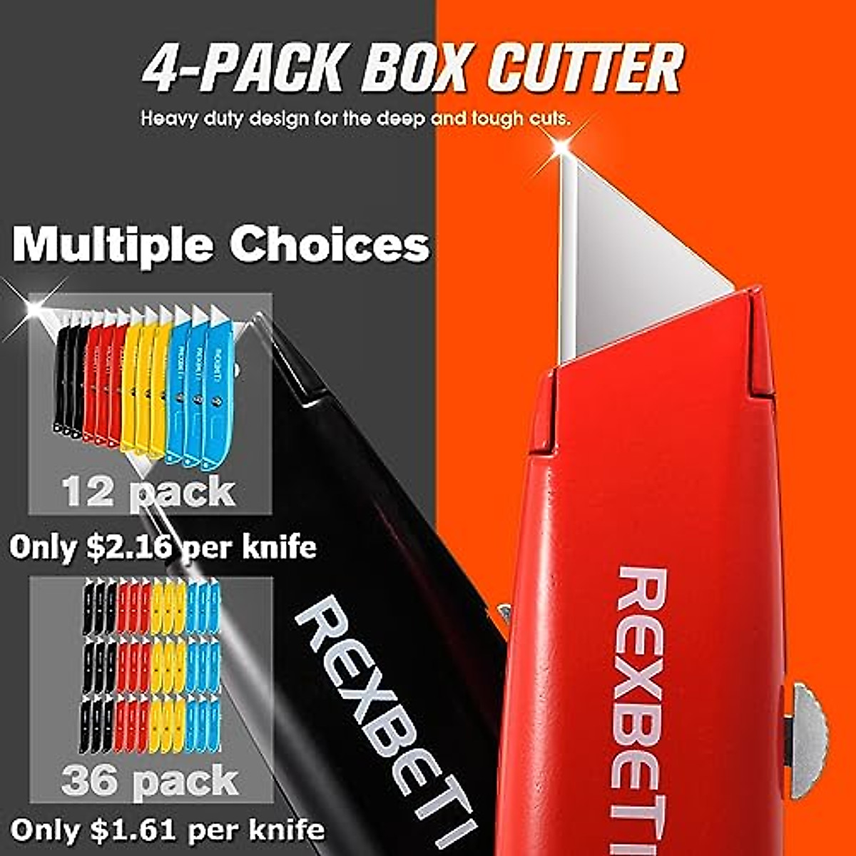 REXBETI 4-Pack Utility Knife, Heavy Duty Aluminum Shell Retractable Box Cutter for Cartons, Cardboard and Boxes, Extra 10 Blades Included