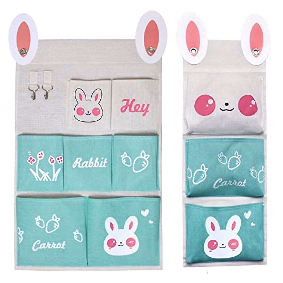 KINGREE 2PCS Wall Closet Hanging Storage Bag with Hooks Premium Linen Fabric Over The Door Organizer, Hanging Storage Pouches with 3 Pockets and 7 Pockets for Bedroom Bathroom (Rabbit)