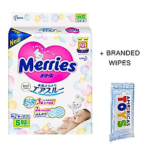 Merries Diapers Size Small (8-17 lbs) 82 Counts – Bundle with Americas Toys Wipes – Baby Diapers Tape Type Safe Materials, Indicator Prevents Leakage, Ultra-Soft for Tummy Packaging May Vary