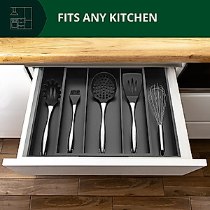 ROYAL CRAFT WOOD Luxury Bamboo Caddy Expandable Drawer and Utensil Organizer, Silverware Holder and Cutlery Tray, 19.6" x17", Black