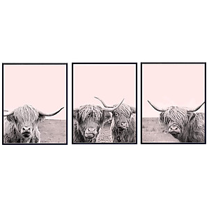 Cow Wall Decor - Cow Decorations for Home, Kitchen, Bathroom, Bedroom, Living Room, Apartment, Office - Highland Cow Gift for Women - Cute Unique Boho Cow Wall Art - 8x10 Pink Photo Picture Set