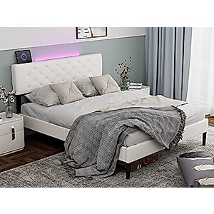 IKIFLY Modern Full Size LED Bed Frame with 2 USB Ports, Upholstered Button Tufted Faux Leather Platform Bed with Adjustable Headboard, Solid Wood Slats, No Box Spring Needed - White/Full