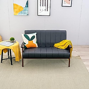 Panana Mid Century Modern Loveseat Sofa with Wooden Arms Leather Office Couch 2-Seat Wood Love Seat Lounge Armchair Living Room Bedroom, Black Faux Leather
