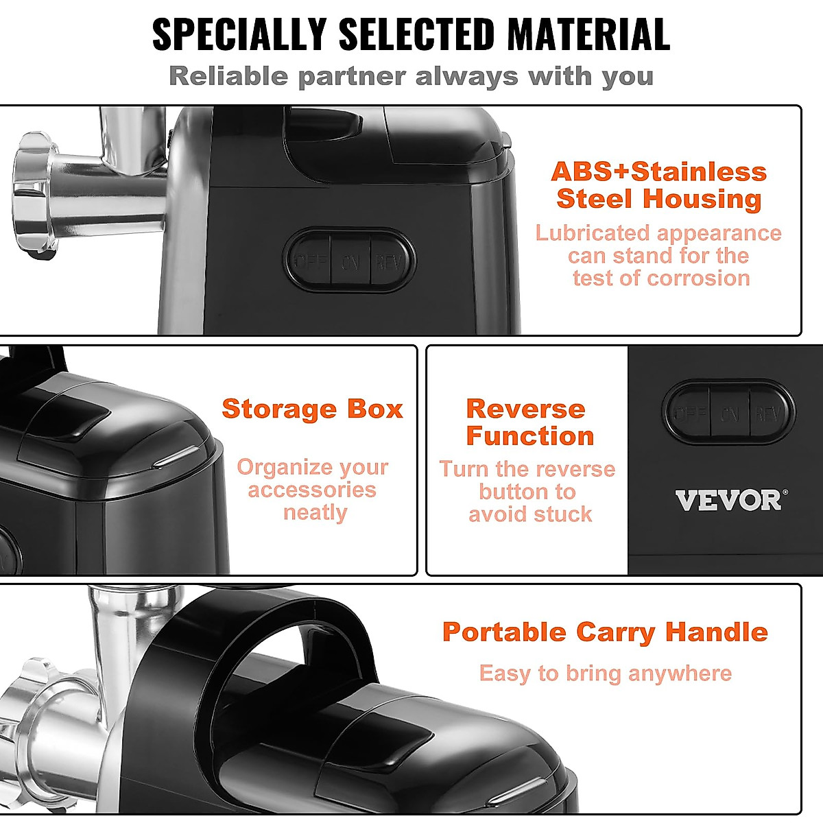 VEVOR Electric Meat Grinder, 6.6 Lb/Min, 550W Industrial Meat Mincer with 2 Blade, 3 Grinding Plates, Sausage Maker & Kubbe Kit ABS + Stainless Steel Commercial Meat Grinder, ETL Listed