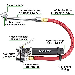 Spurtar 10-120 PSI Heavy Duty Tire Inflator Gauge Air Chuck with Pressure Gauge with 4 Way Tool and Valve Cores Tire Pressure Gauge with Inflator 12" Air Hose for Car Automotive Truck