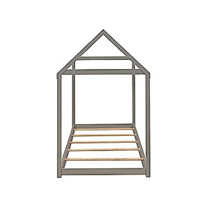 LIADTOP Twin Size Wooden House Bed,Wooden Twin Platform Bed Frame with Headboard and Footboard, Roof Design, for Toddlers Kids Boys Girls Teens,No Box Spring Needed,Grey(New)