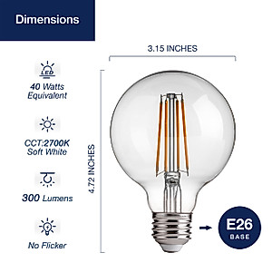FLSNT LED Globe Edison Light Bulbs 40W Equivalent, Dimmable, 2700K Soft White, 300LM, E26 Base, CRI80, Clear Glass, 6 Pack