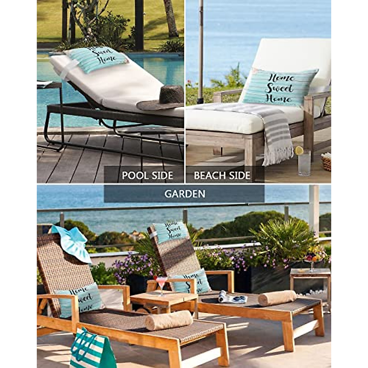 Recliner Head Pillow Ledge Loungers Chair Pillows with Insert Sweet Home Flowers Blue Wood Lumbar Pillow with Adjustable Strap Outdoor Waterproof Patio Pillows for Beach Pool Chair, 2 PCS