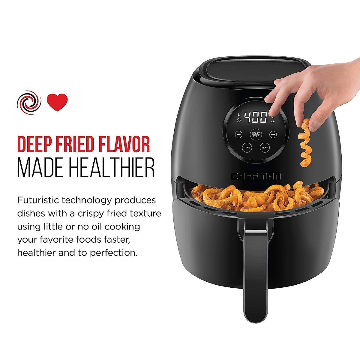 CHEFMAN Small Air Fryer Healthy Cooking, 3.6 Qt, User Friendly, Nonstick, Digital Touch Screen, Dishwasher Safe Basket, w/ 60 Minute Timer & Auto Shutoff, Matte Black, Cookbook Included