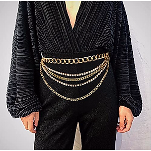 Glamorstar Multilayer Chain Belts for Women Rhinestone Waist Belt Punk Gorgeous Chain for Ladies Dresses Gold 110CM
