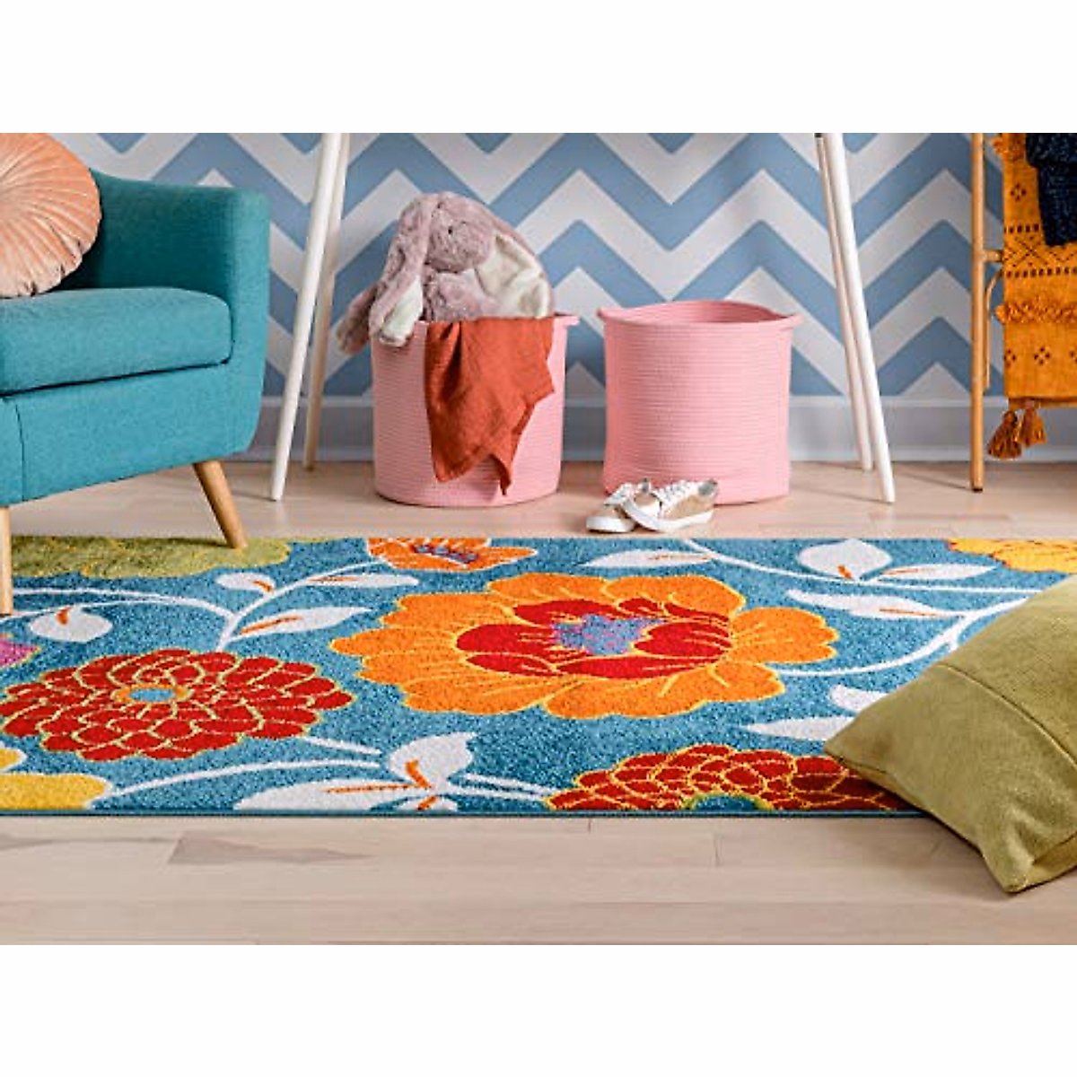 Well Woven Modern Rug Daisy Flowers Blue 3'3" x 5' Floral Accent Area Rug Entry Way Bright Kids Room Kitchen Bedroom Carpet Bathroom Soft Durable Area Rug