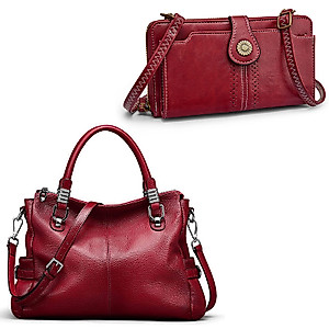 S-ZONE Genuine Leather Handbag Bundle with RFID Blocking Women Corssbody Cellphone Purse Wallet