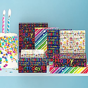 THMORT Birthday Wrapping Paper for Kids, Boys&Girls, Adults.Gift Wrapping Paper sheet With Black Background, Rainbow Star Stripe Happy Birthday for Baby Shower,Pack of 12 Sheets 20 X 29 Inch.