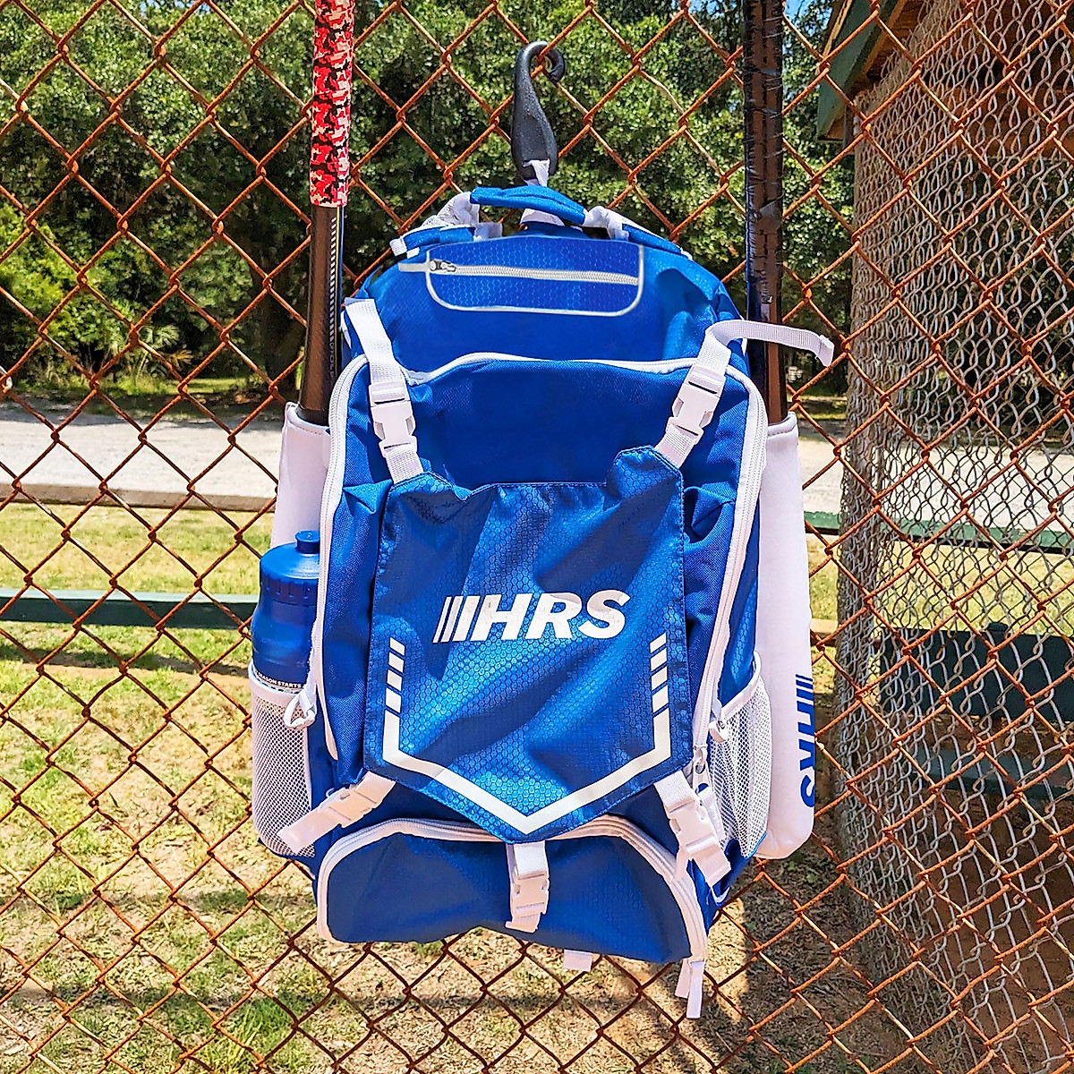 Hit Run Steal Blue Softball Baseball Bag - Holds 4 Bats, Glove, Water Bottle, Shoe Compartment, Helmet, Fence Hook for Equipment & Gear