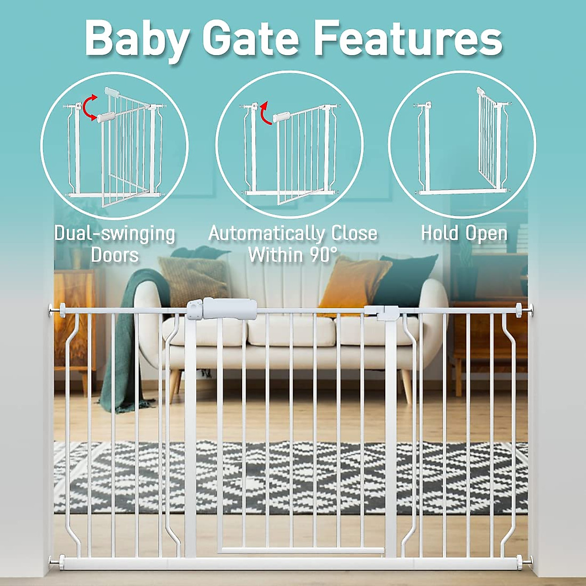 WAOWAO Extra Wide Baby Gate 57.48"-62.20" Walk Thru Pressure Mount Auto Close White Metal Child Dog Pet Safety Stairs,Doorways,Kitchen
