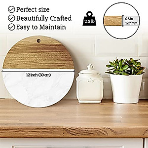 The Happy Hippo 12" Round Cutting Board Wood and Marble, Decorative Charcuterie Board Cheese Server, Perfect Christmas or House Warming Gift