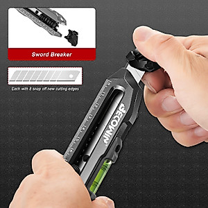 BECOWIN Multipurpose Utility Knife with Level and Ruler, Heavy Duty Metal Retractable Box Cutter Knife, 18MM SK5 Blade, Safety Lock Design for Measuring, Cutting Cartons, Cardboards and Boxes