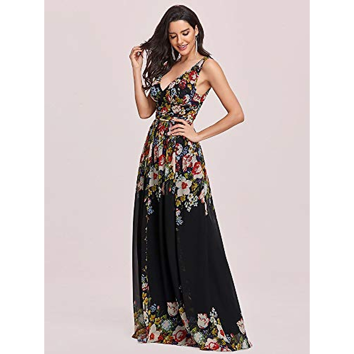 Ever-Pretty Womens Empire Waist Sleeveless V Neck Maxi Bridesmaid Dress Black Printed US16