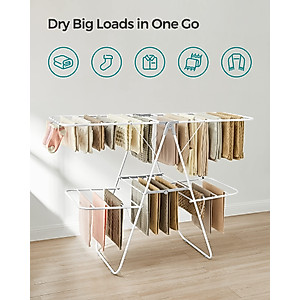 SONGMICS Clothes Drying Rack, Foldable 2-Level Laundry Drying Rack, Free-Standing Large Drying Rack, with Height-Adjustable Wings, 33 Drying Rails, Sock Clips, White and Gray ULLR053G01