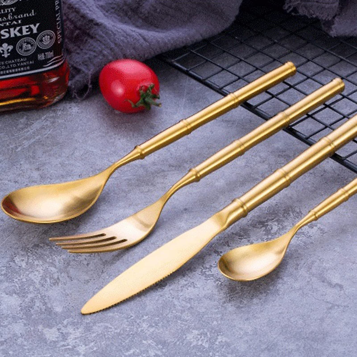 Tunkeny 64 Piece Golden Bamboo Flatware Set, Exquisite Silverware Set for 16, 18/10 Stainless Steel Flatware Cutlery Set, Durable Tableware Set, Mirror Polished, Dishwasher Safe