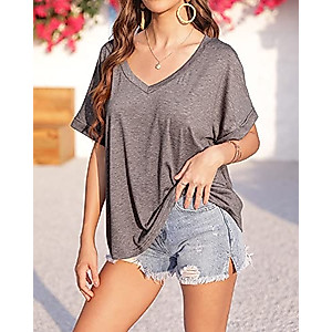 Langwyqu Women's Oversized T Shirts V Neck Short Sleeve Summer Casual Loose Tops Tees Brown