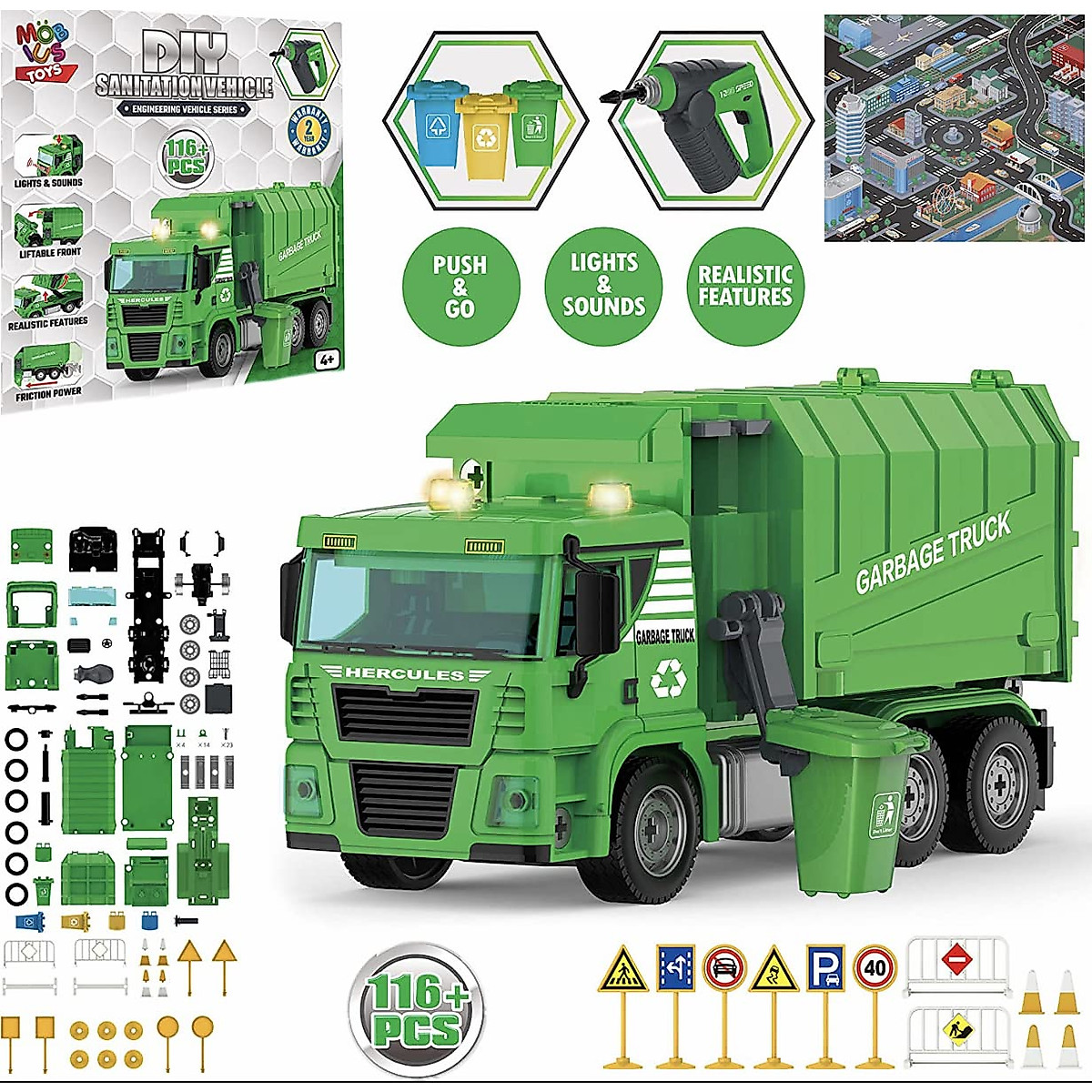 Garbage Truck Toy - 116 Pcs Friction Power Take Apart Toy STEM Toys w/Drill, Push & Go Lights & Sounds, Sanitation Trash Trucks City Vehicle Playset for Kids Toddlers Boys Ages 3 4 5 6 7 8 Years Old
