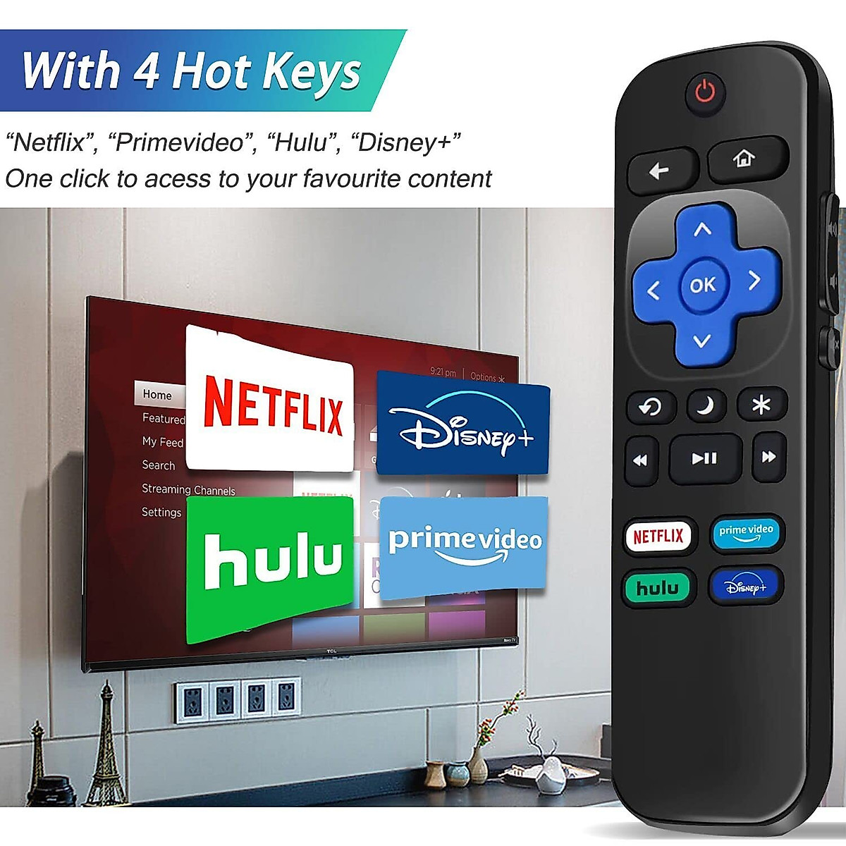 Universal TV Remote for All Roku TV with Luminous Protective Case,Replacement for TCL Roku/for Hisense Roku/for Sharp Roku TV,TV Remote with Netflix Disney+/Hulu/Prime Video