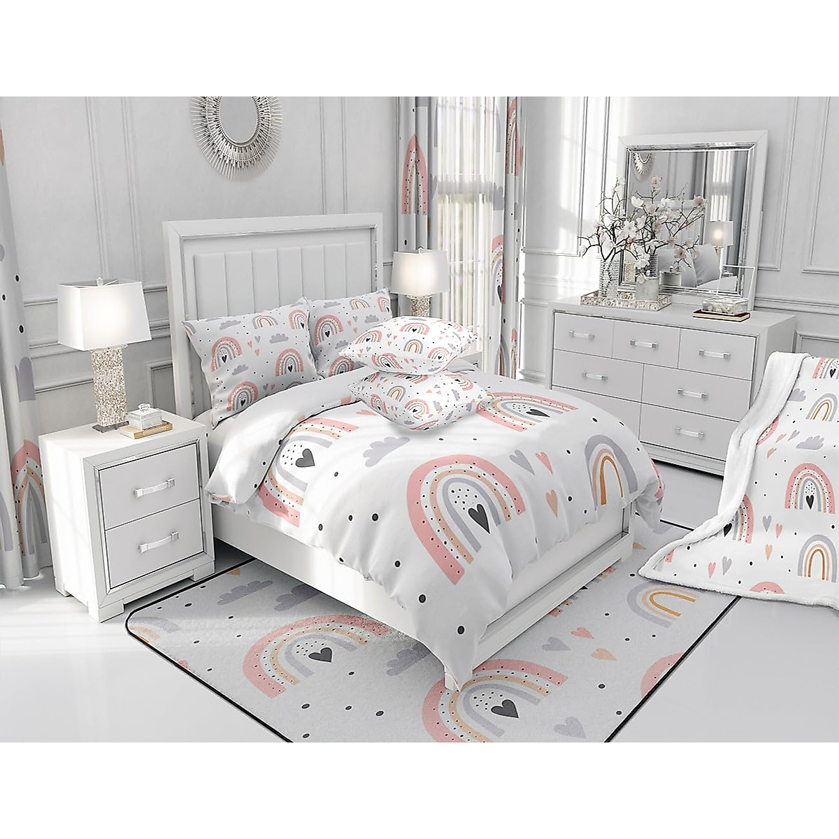 Twin Size Duvet Cover Rainbow 100% Pure Cotton Bedding Set Bohemian Style Bedding Set Grey Clouds Hearts Comforter Cover for Room Decor 2 PCS