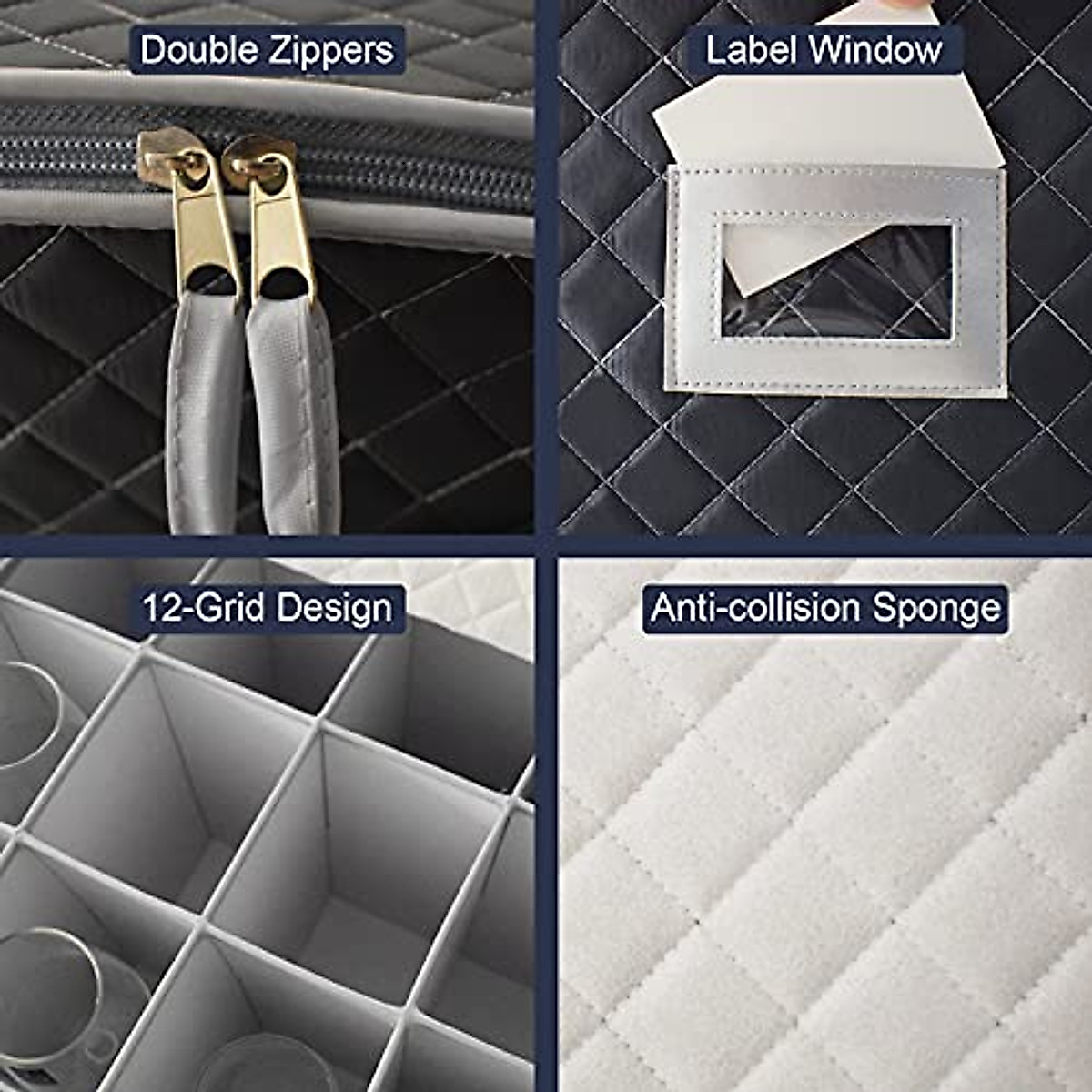 VERONLY Stemware Storage Cases - Holds 24 Wine Glass Storage or Crystal Glassware Containers with Lable Window,Fully-Padded Inside with Hard Sides(15.5" x 12.5"x 9.8")-Set of 2 Grey