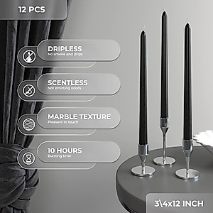 CANDWAX 12 inch Taper Candles Set of 12 - Dripless and Smokeless Candle Unscented - Slow Burning Black Tapered Candle Sticks Ideal for Halloween - Black Candles