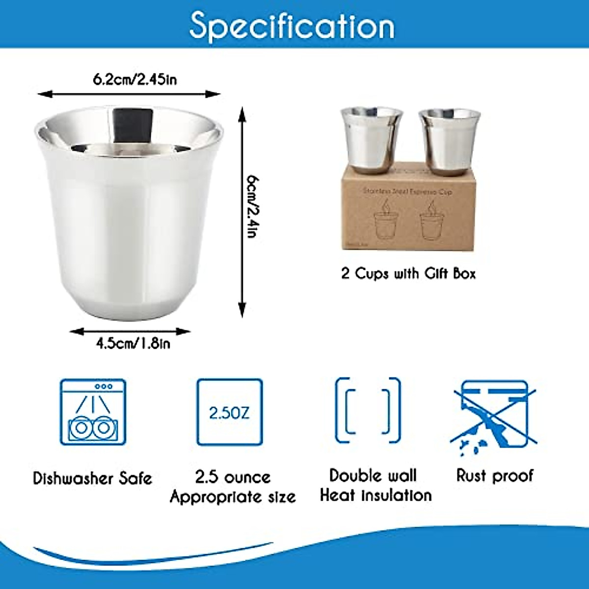 Easyworkz Diego Stovetop Espresso Maker, Bundled With Stainless Steel Espresso Cup 2pcs Set Double Wall Insulated Metal Demitasse Cups