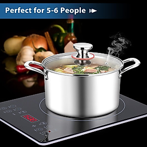 E-far 6 Quart Stock Pot, Tri-Ply Stainless Steel Cooking Pot with Glass Lid and Riveted Handles, Metal Pasta Soup Pot for Induction Ceramic Electric Gas Stoves, Heavy Duty & Dishwasher Safe